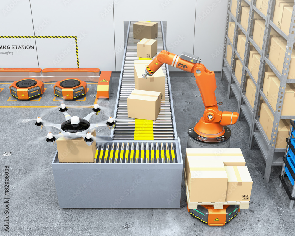 Modern warehouse equipped with robotic arm, drone and robot carriers ...