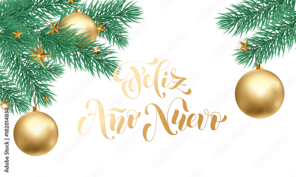 Feliz Ano Nuevo Spanish Happy New Year golden calligraphy hand drawn ...