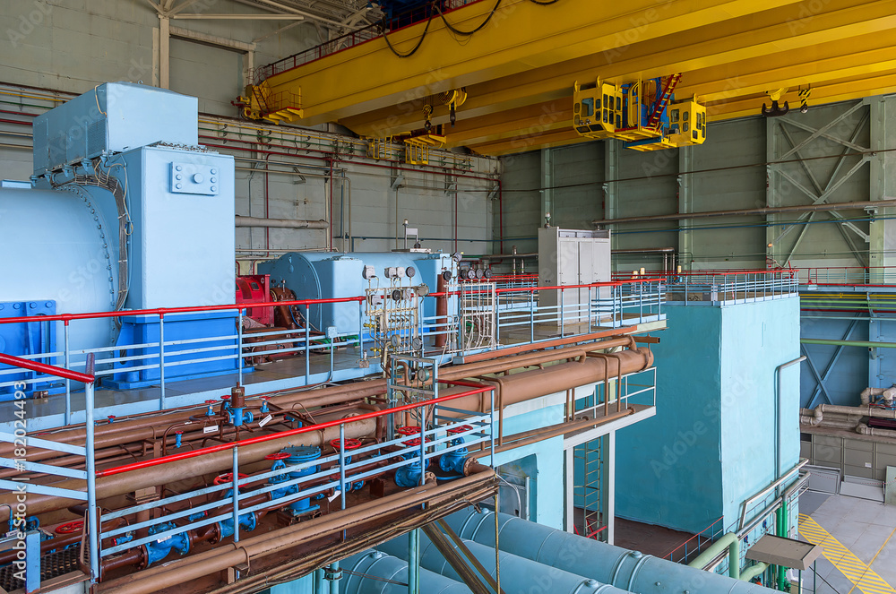 Powerful turbine in the steam turbine hall (nuclear power station ...
