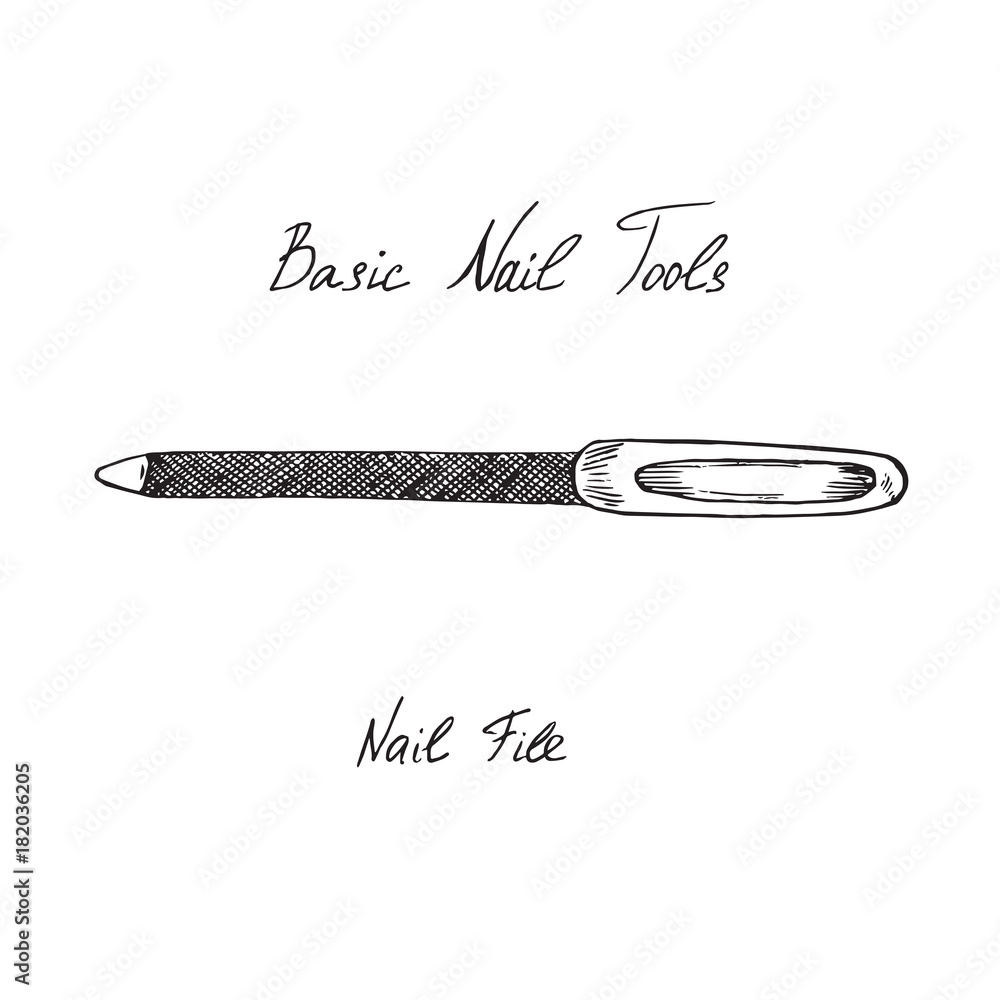 Basic nail tools, nail file, hand drawn doodle sketch with inscription ...