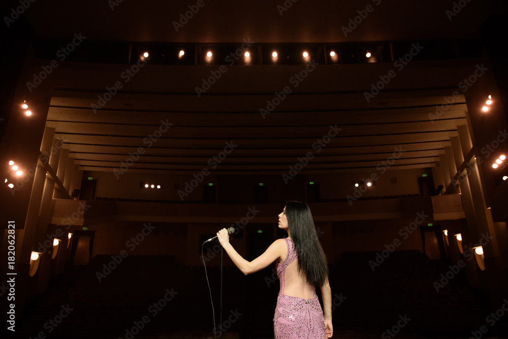 Beautiful singer against the auditorium. Back view girl in long gown ...