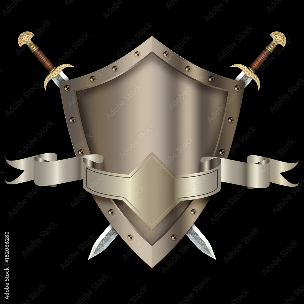 Silver riveted shield with ribbon and two swords. Stock-Foto | Adobe Stock