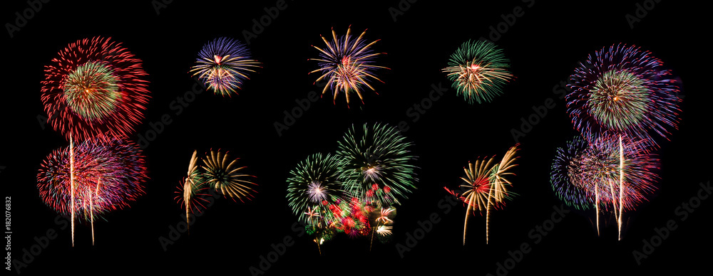 Beautiful Fireworks collage isolated on black background, Fireworks ...