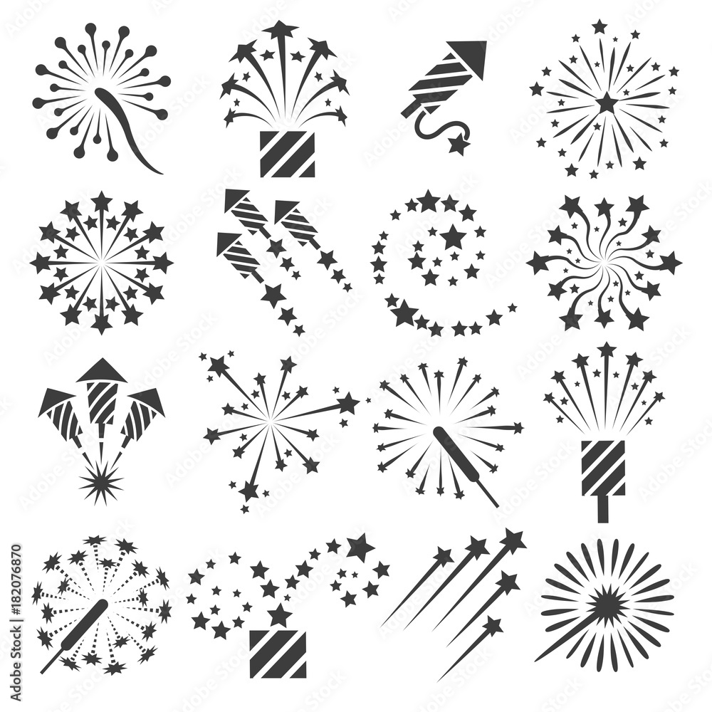 Firework icons. Celebration fireworks party signs and vector drawing ...