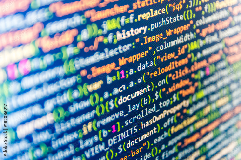 Digital binary data on computer screen. Coding script text on screen ...