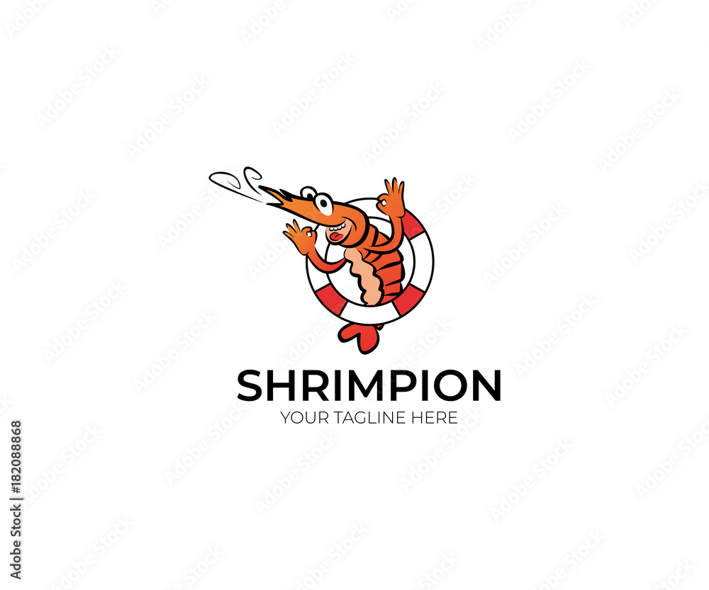 Fun Shrimp Logo Template. Cartoon Seafood Vector Design. Sea Life Line ...