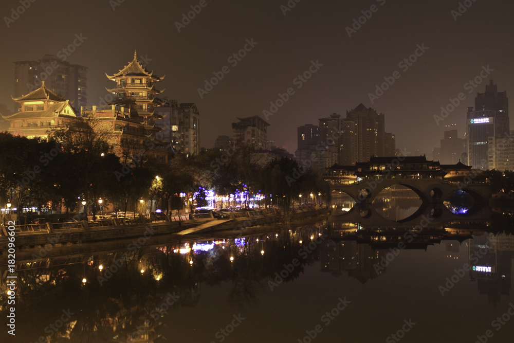A Skyline Photo of Chendu from the River at Night, With City LIghts ...