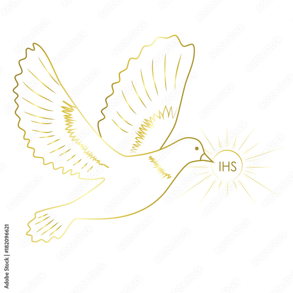 Pigeon with IHS symbol - first communion invitation design. Stock ...