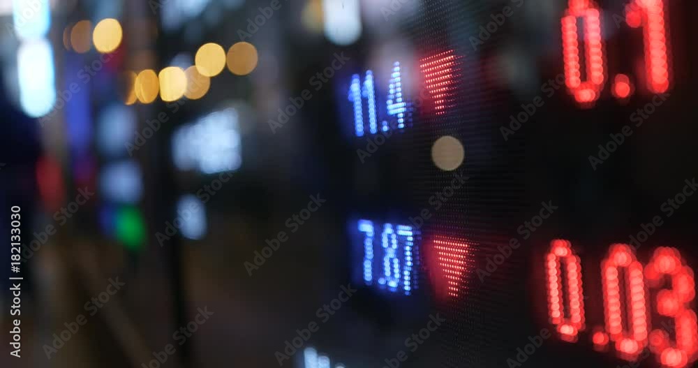Stock market display screen showing prices in city at night Stock Video ...
