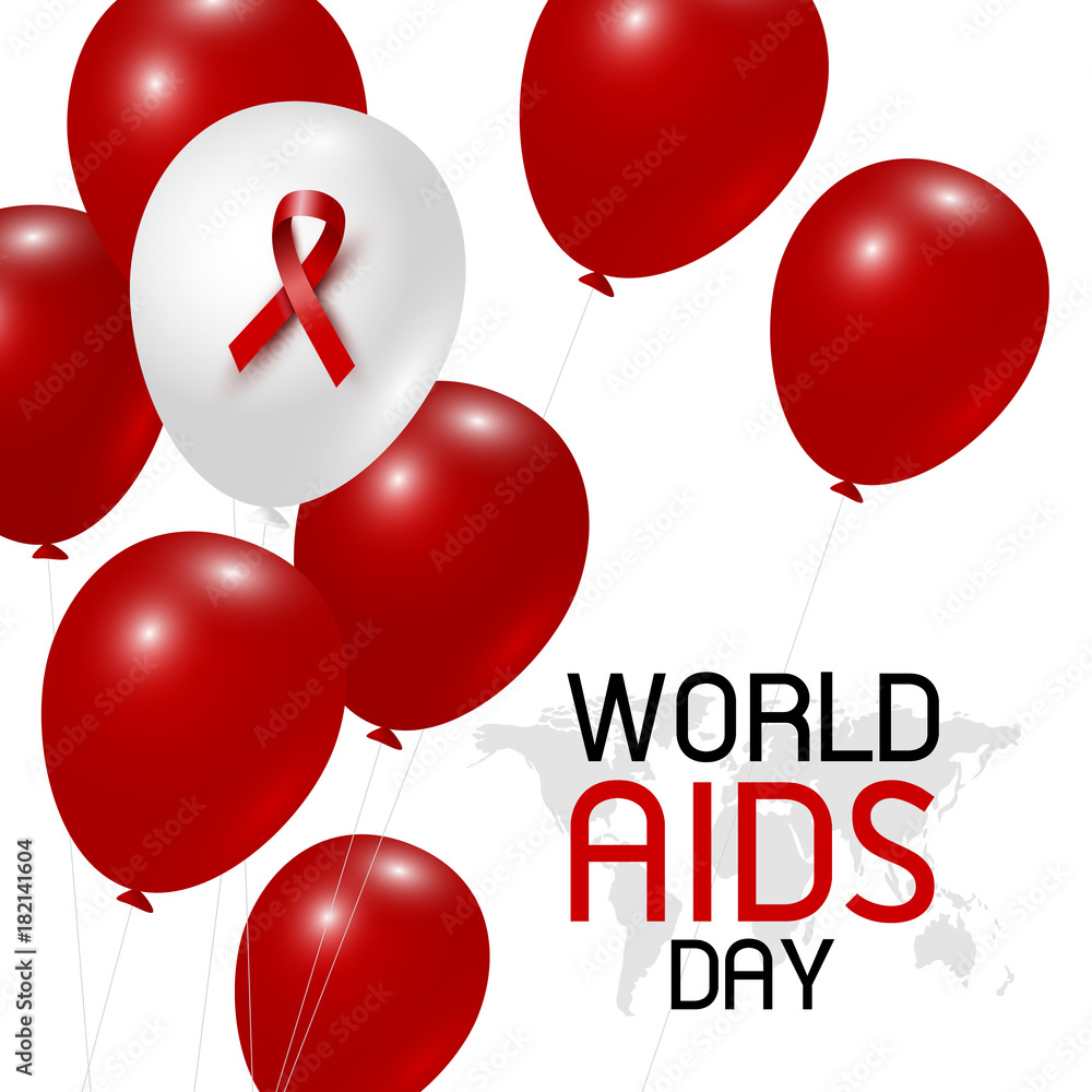World aids day design of red ribbon and balloon on white background ...