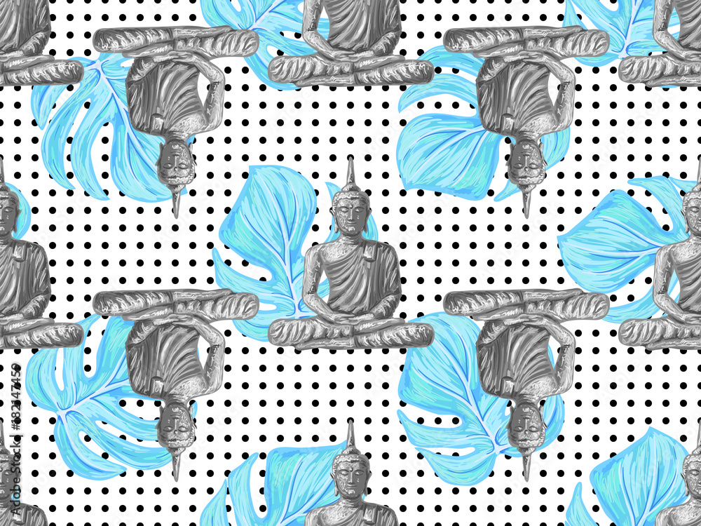 Seamless hippies pattern with sitting Buddha, palm leaves. Thai god ...
