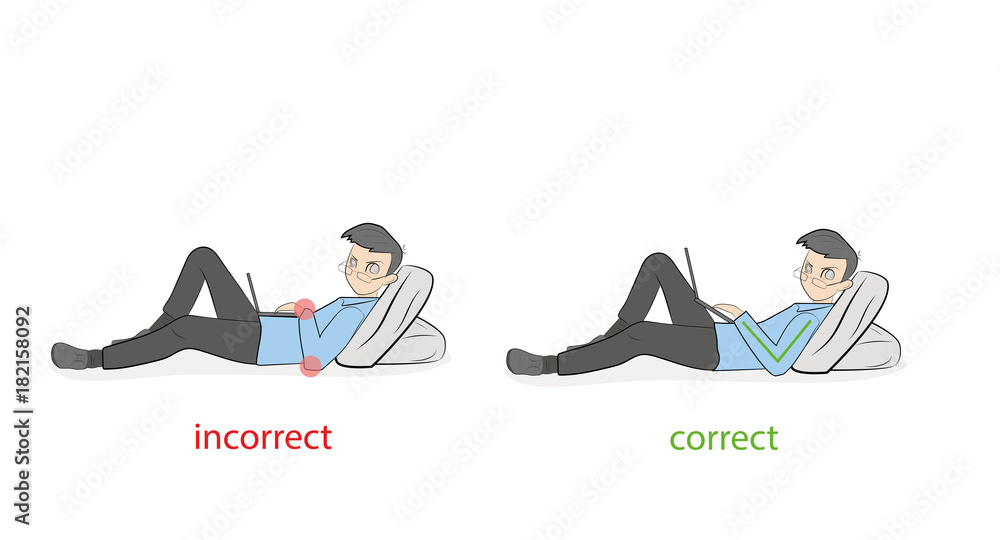 the correct and wrong position of lying down working behind the laptop ...