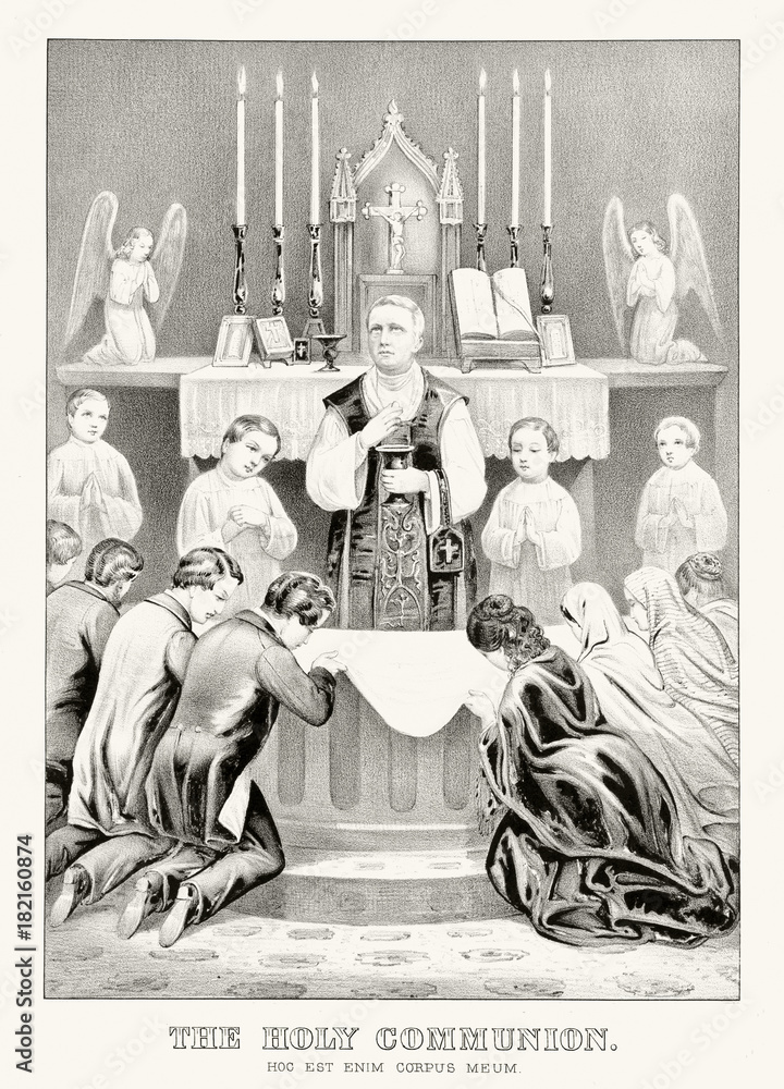 Priest celebrating the Holy Communion during a Mass. Symmetric ...