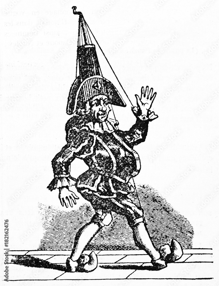 Poster Pulcinella puppet version, classical Italian character moving on ...