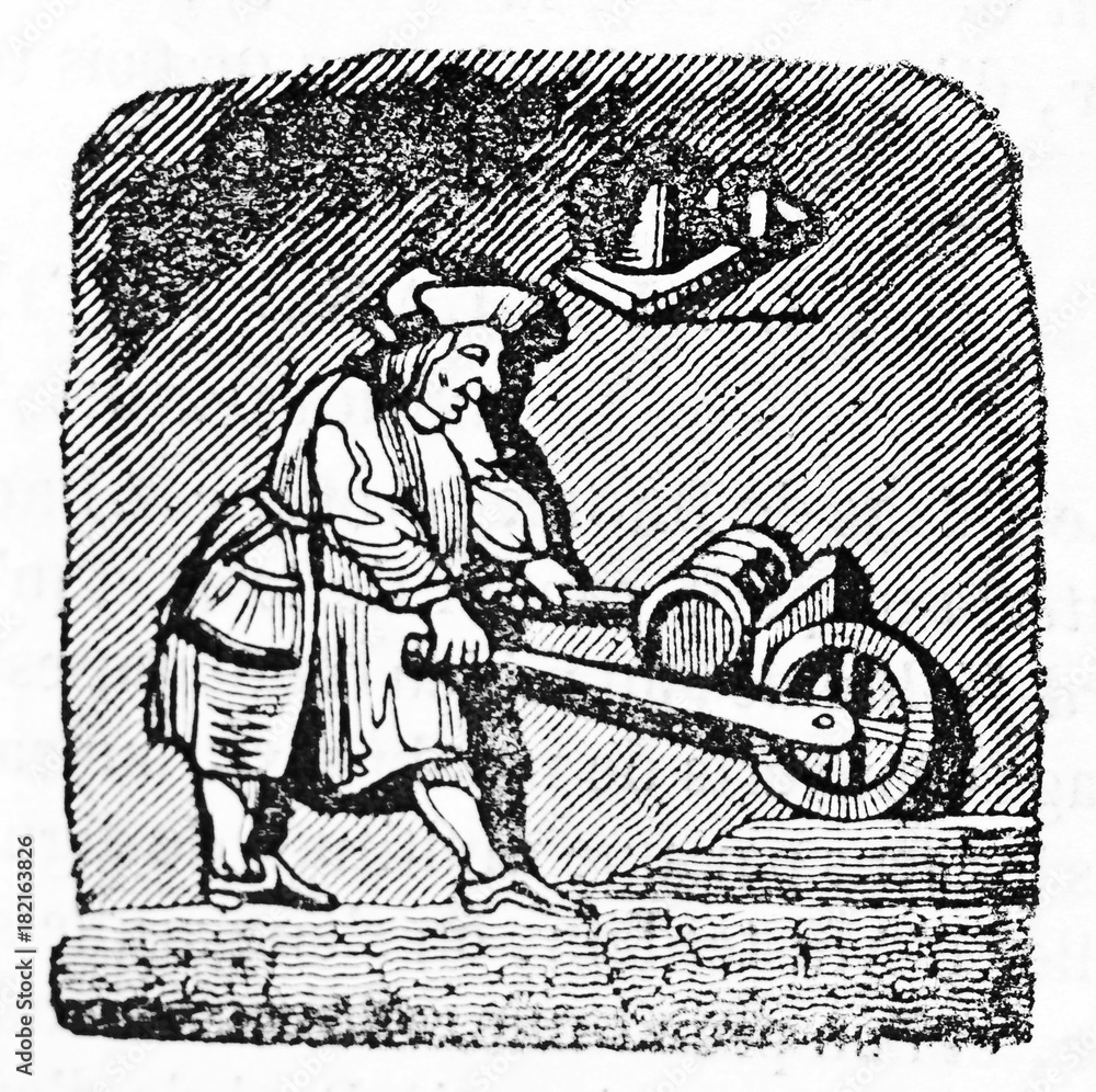 Ancient icon of a man in medieval clothes using a wheelbarrow. After ...