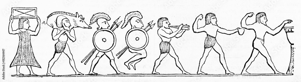 Ancient men, soldiers, hunter and woman realized in antique etruscan ...