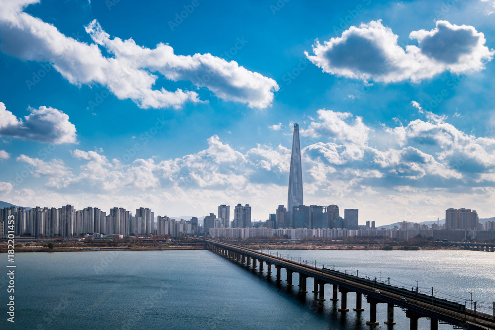 Jamsil brige and Han river view of Seoul city in South Korea. Stock ...