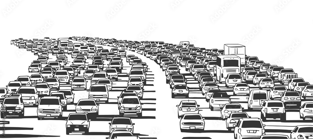 Illustration of rush hour traffic jam on freeway in black and white ...