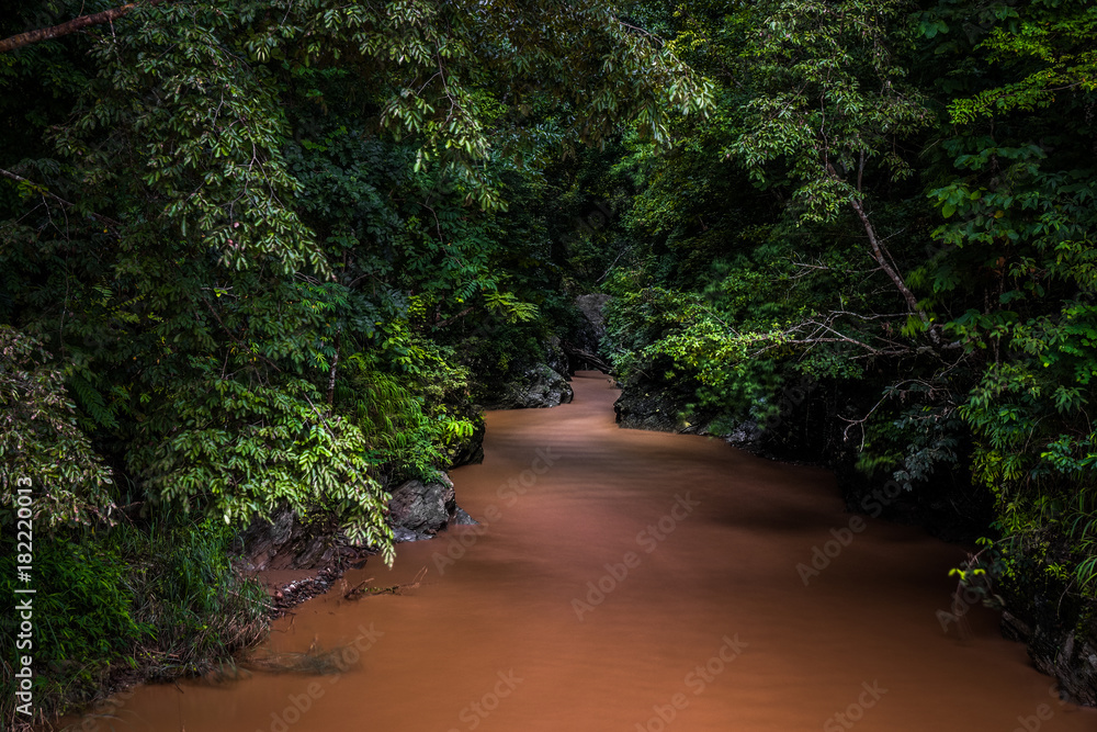 Creek with brown water from heavy rain in monsoon season in north of ...