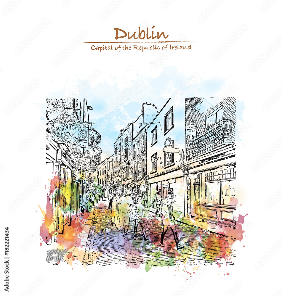 Watercolor splash with hand drawn sketch of Street view Dublin, Ireland ...