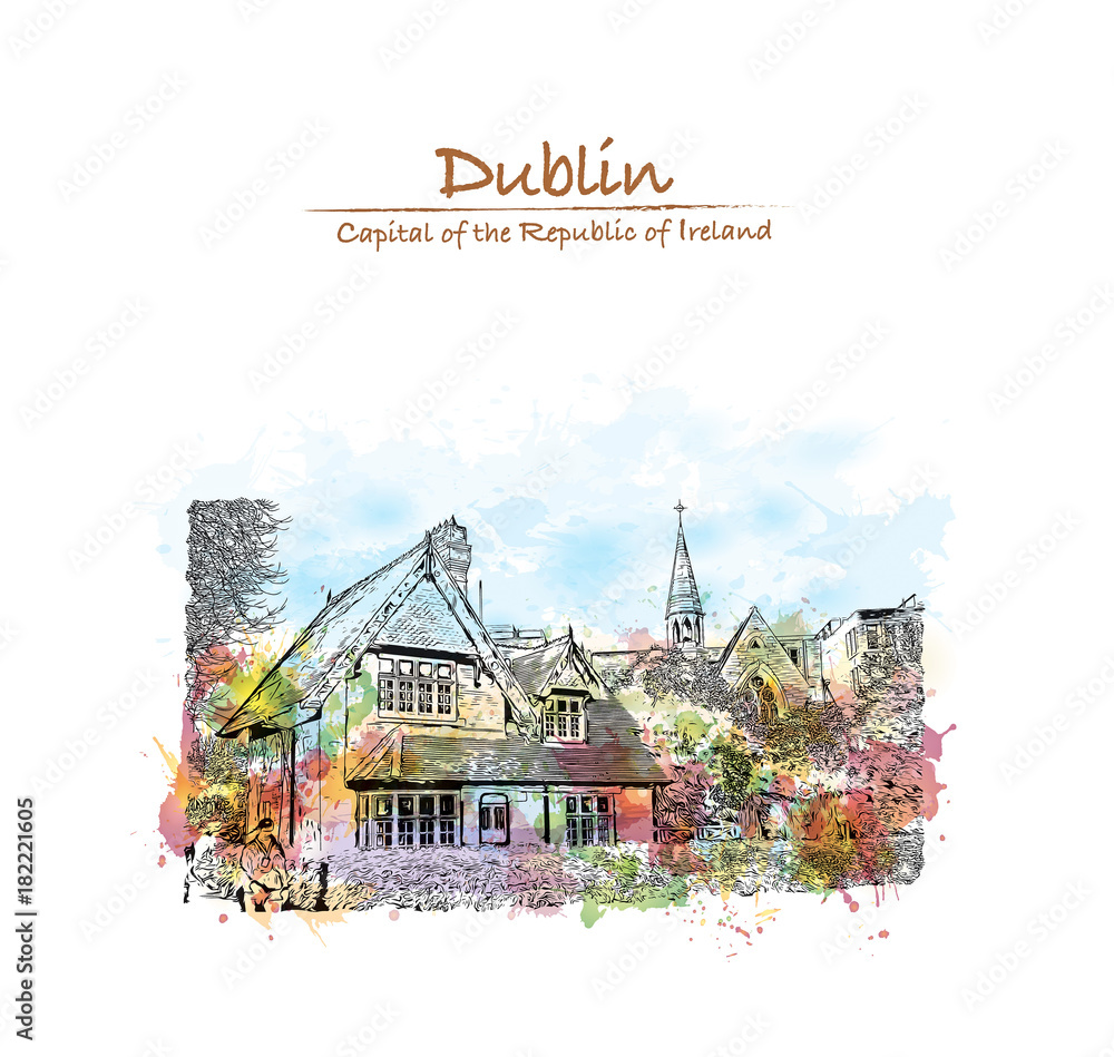 Watercolor splash with hand drawn sketch of Dublin Ireland in vector ...