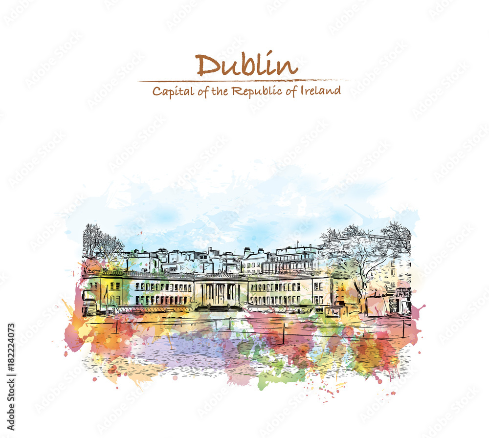 Watercolor splash with hand drawn sketch of Dublin, Capital of the ...