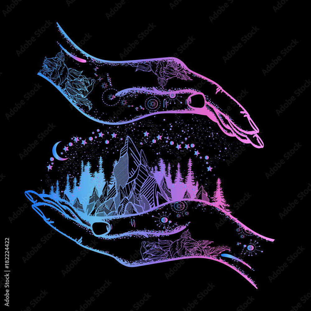 Hand and mountains tattoo and t-shirt design. Mountains boho style, t ...