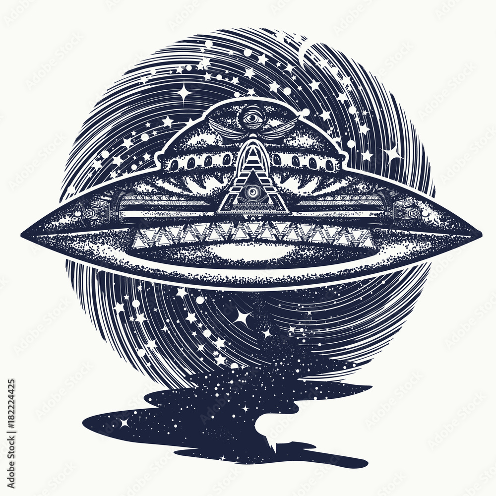 Ufo ship in space among stars tattoo art vector. Ufo in universe. Star ...