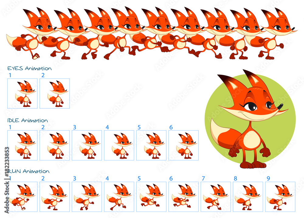 Run, blinking eyes and idle animations of cartoon fox character. Stock ...