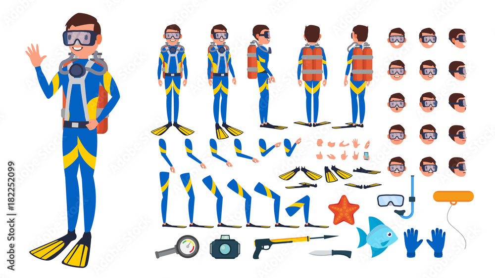 Diver Man Vector. Animated Character Creation Set. Under Water. Scuba ...