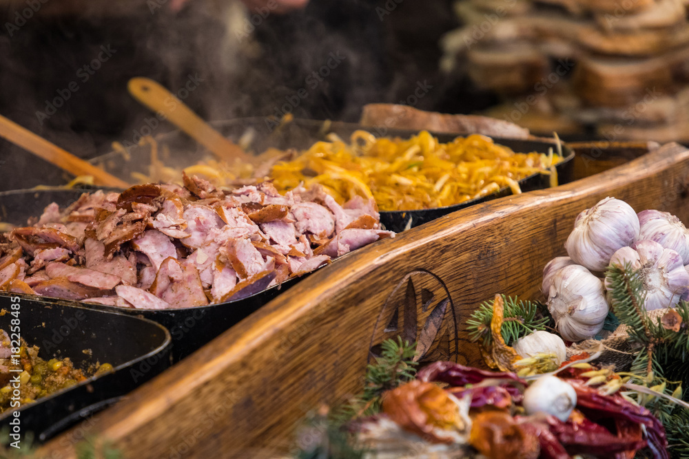 Food booth selling traditional Polish street food in Main Square ...