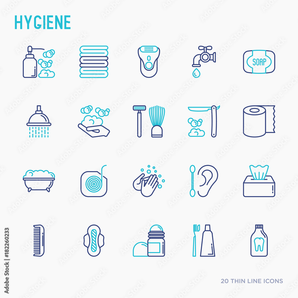 Hygiene thin line icons set: hand soap, shower, bathtub, toothpaste ...