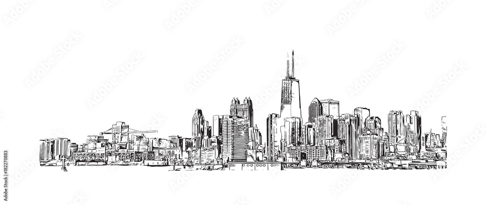 Hand drawn sketch of Chicago skyline, big city, architecture, engraving ...