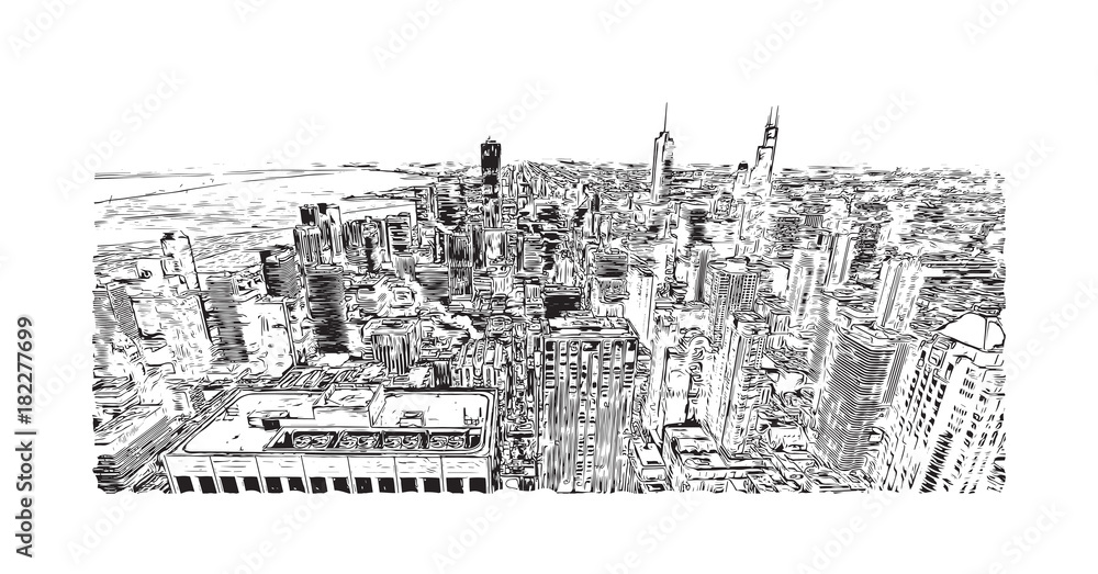 Hand drawn sketch of Chicago skyline, big city, architecture, engraving ...