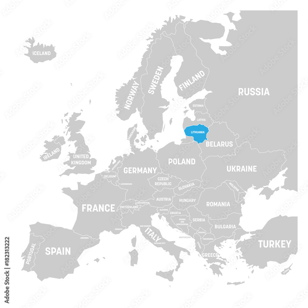 Lithuania marked by blue in grey political map of Europe. Vector ...