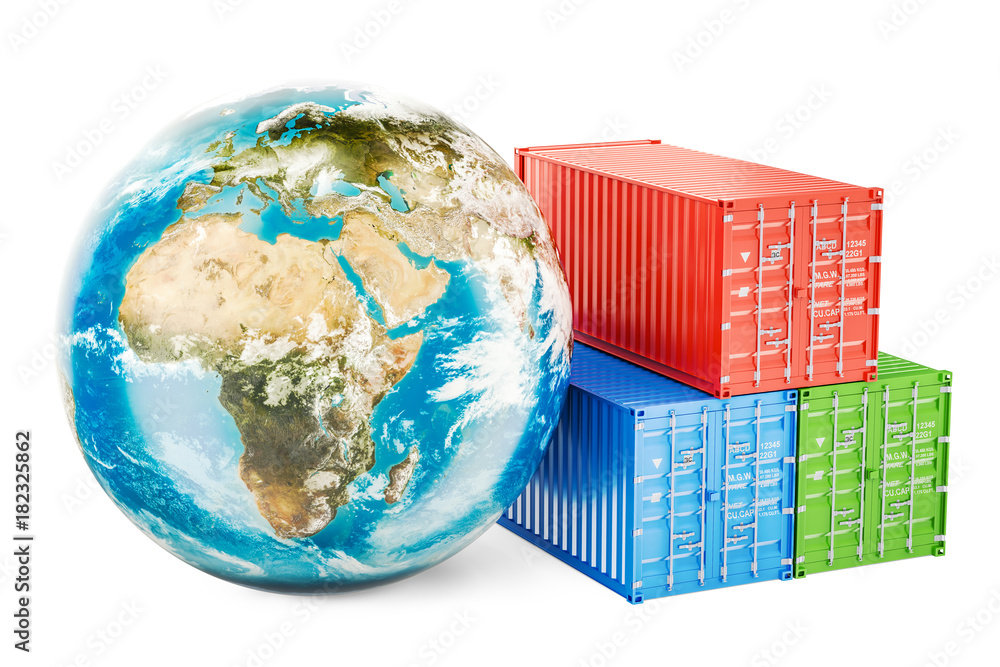Earth Globe with cargo containers. Global cargo shipping and delivery ...