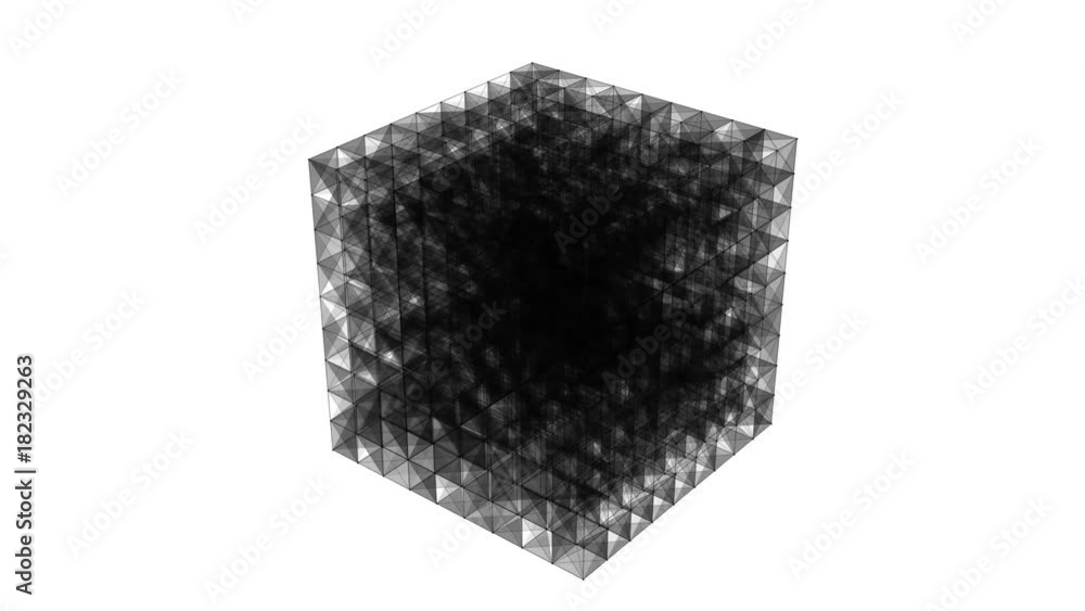 decaying and collecting 3d cube of particulate matter. on a white ...