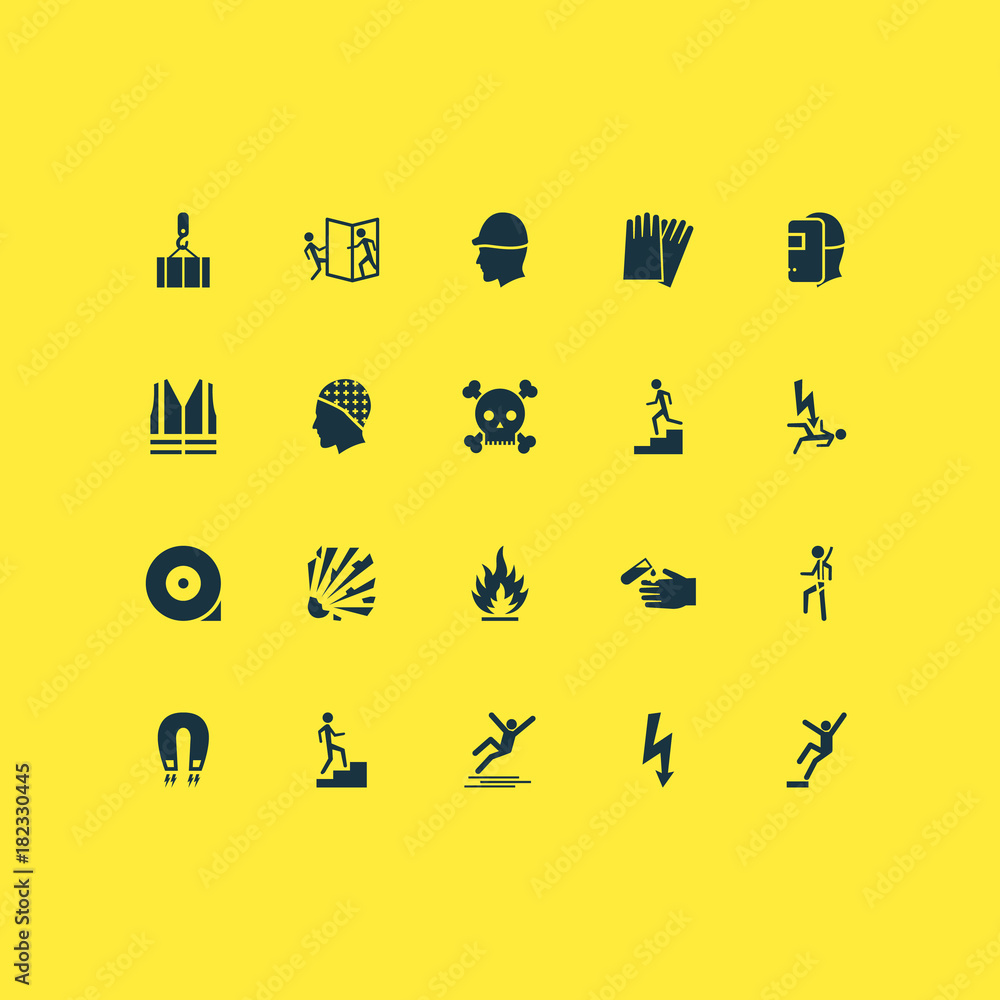 Safety icons set with safety harness, staircase, attention and other ...