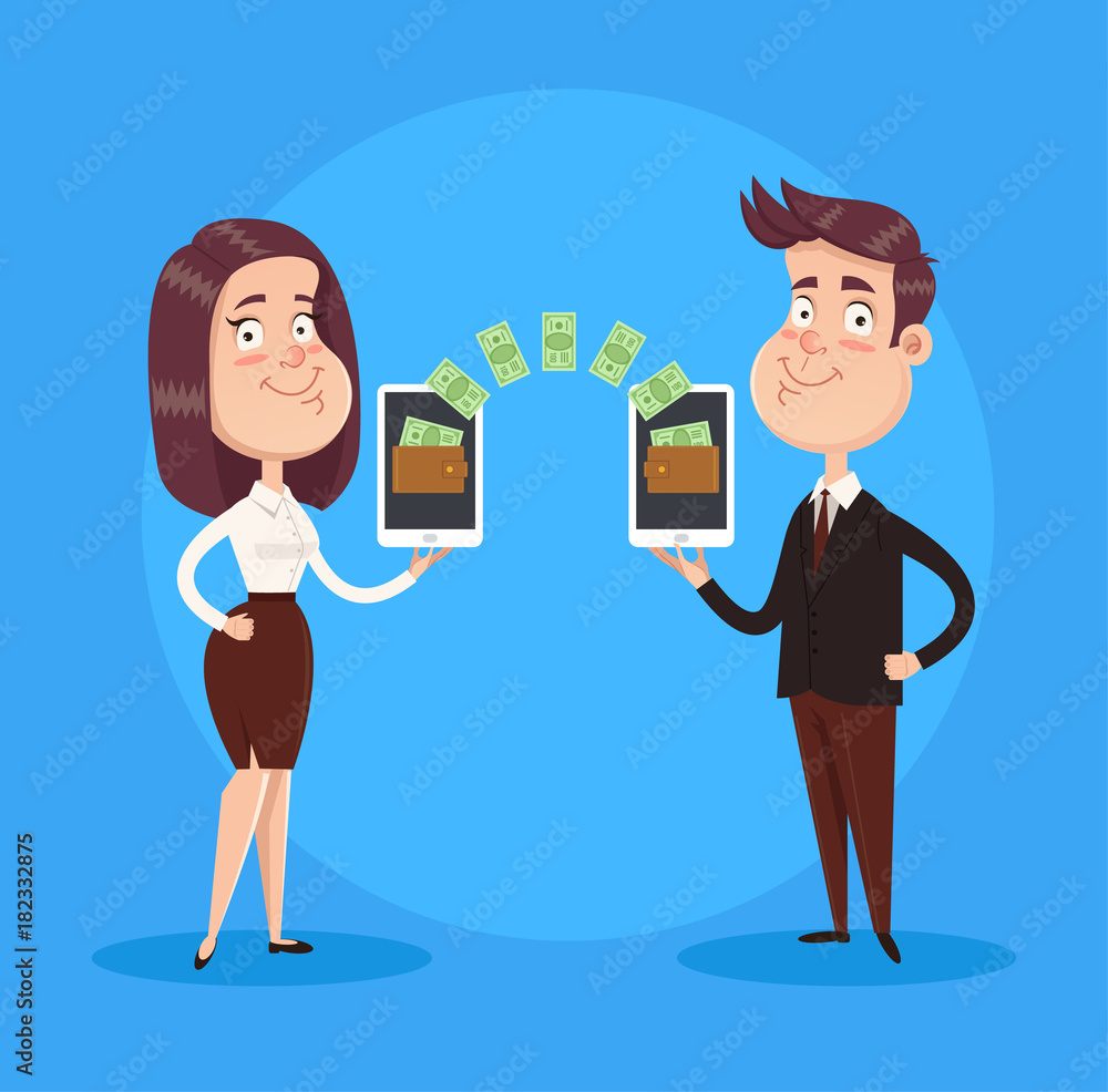 Two business people making transaction between device smartphone ...