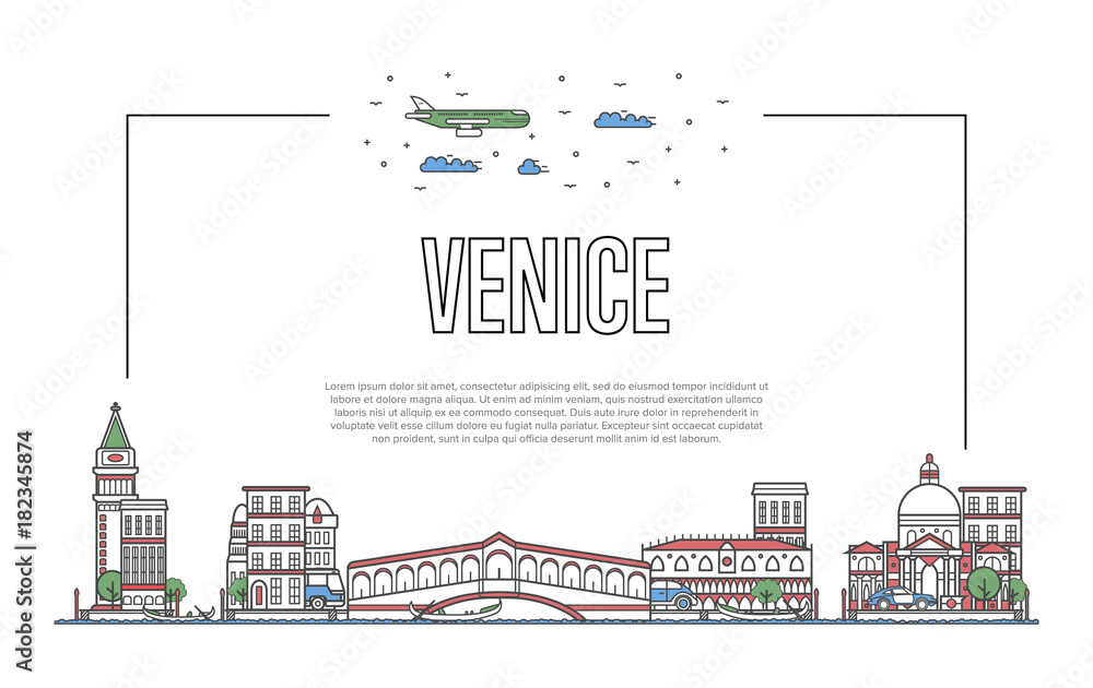 Travel Venice poster with famous architectural attractions in linear ...
