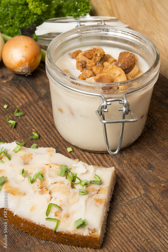 lard with render pork fat cubes greaves - traditional food Stock Photo ...