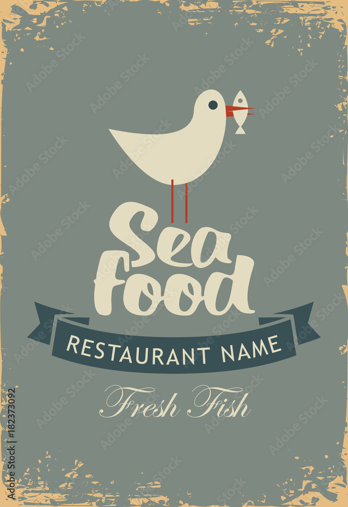 Vector banner for a seafood restaurant menu with a seagull with a fish ...