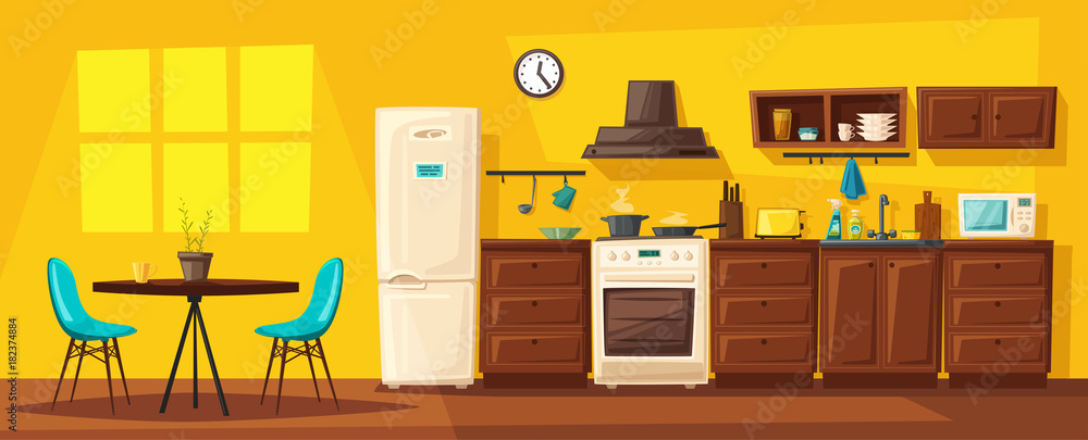 Kitchen interior with furniture. Cartoon vector illustration Stock ...