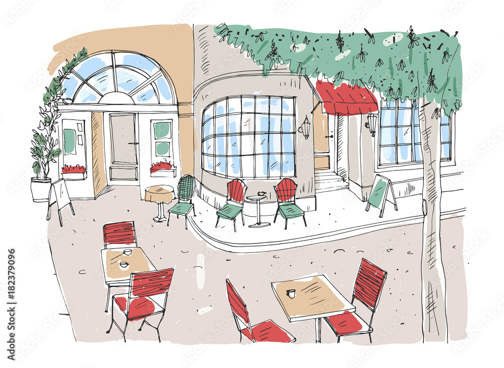 Colorful rough drawing of outdoor cafe, restaurant or coffeehouse with ...