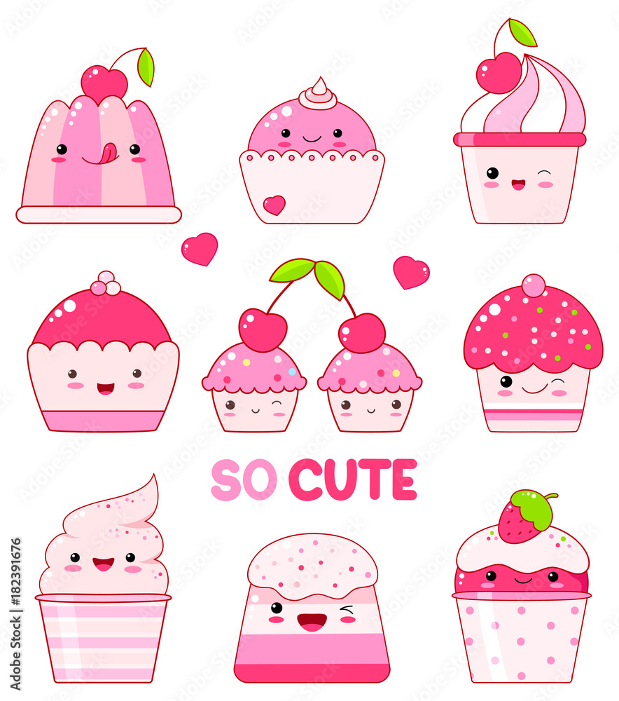 Collection of jelly, ice cream, marshmallows, cupcakes with berry Stock ...