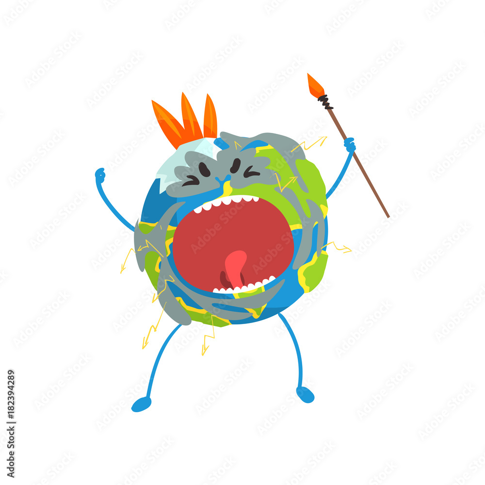 Furious cartoon Earth planet character screaming, funny globe emoji ...