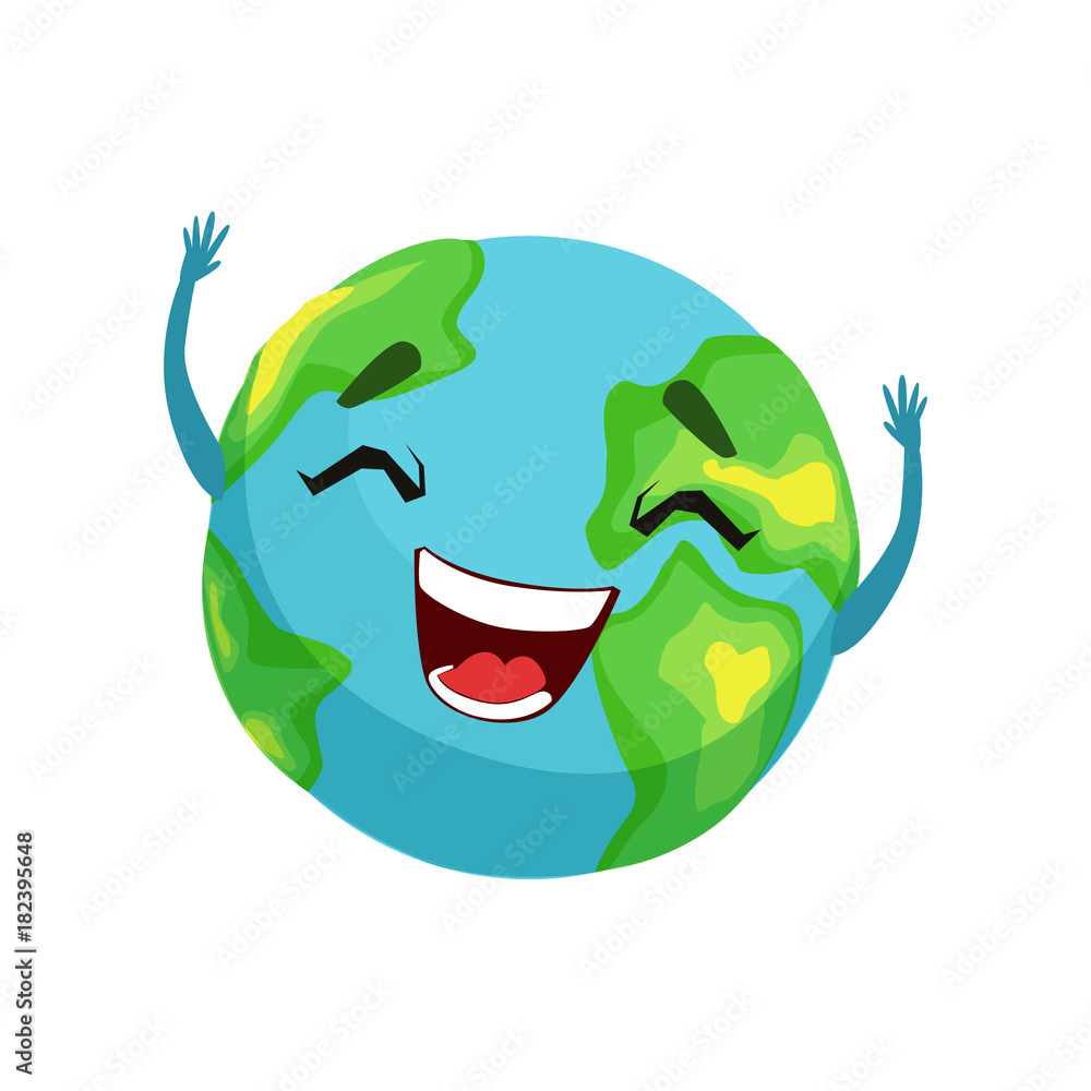 Happy Earth planet character, cute globe with smiley face and hands ...
