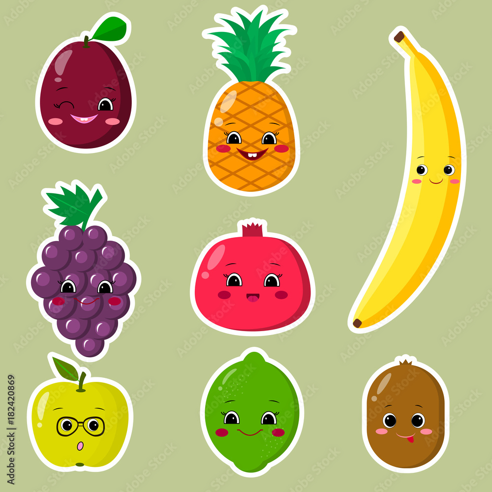 Fruit Sticker Collection.Collection of stickers from fruits in a white ...