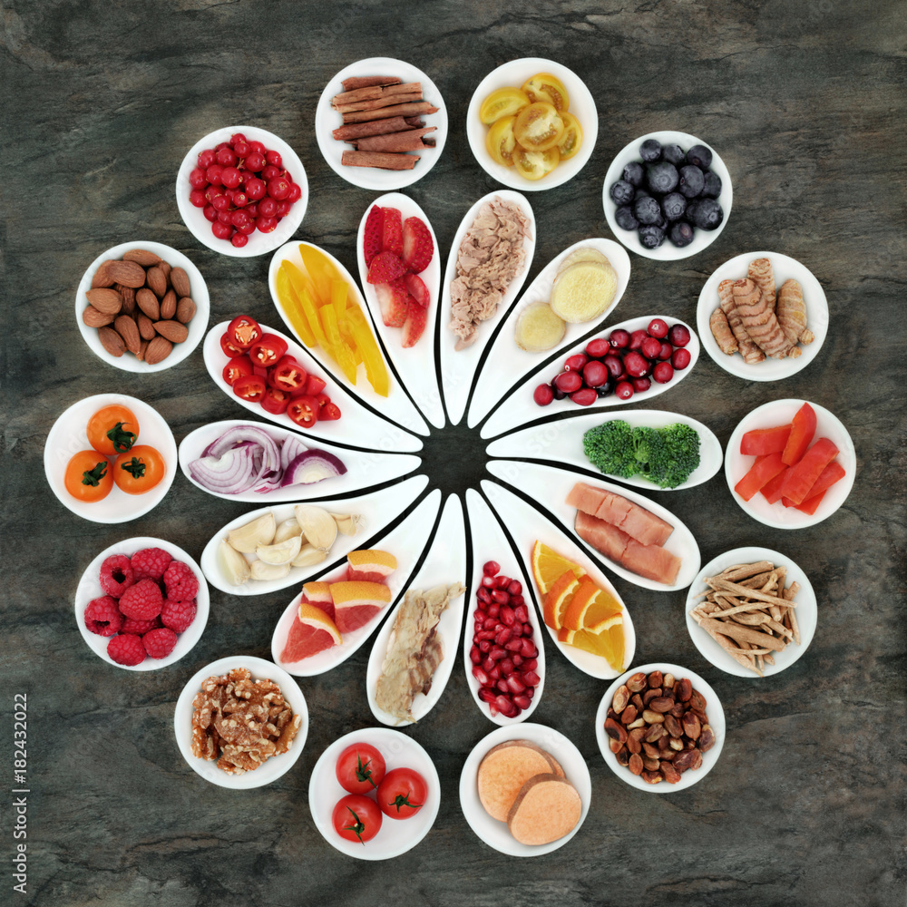 Healthy heart super food with fresh fruit, vegetables, fish, nuts and ...