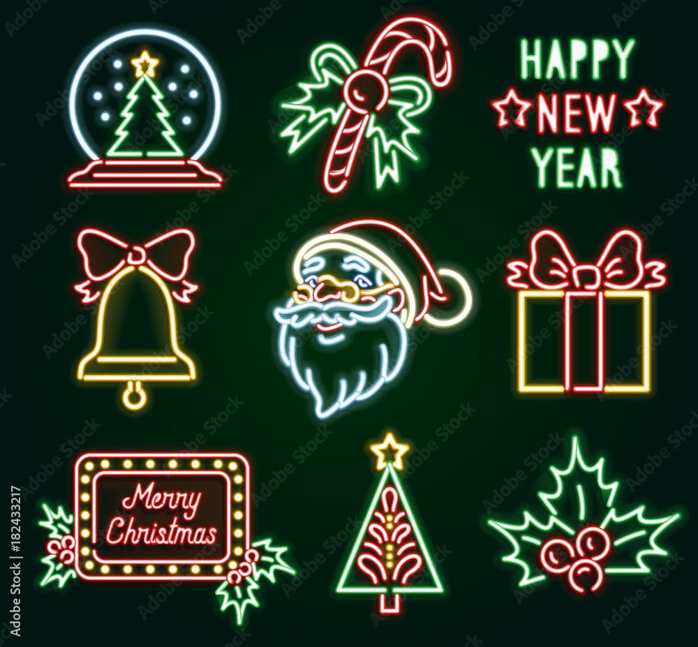 Set christmas neon sign. Neon sign, bright signboard, light banner ...